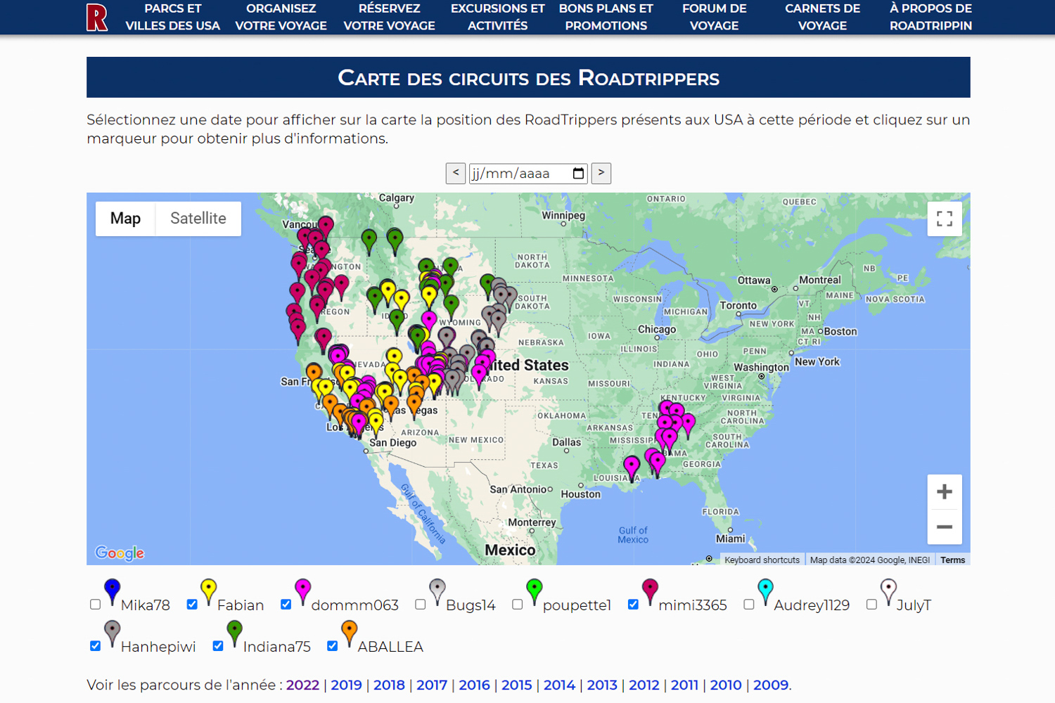 Les parcours/circuits des RoadTrippers aux USA en 2024